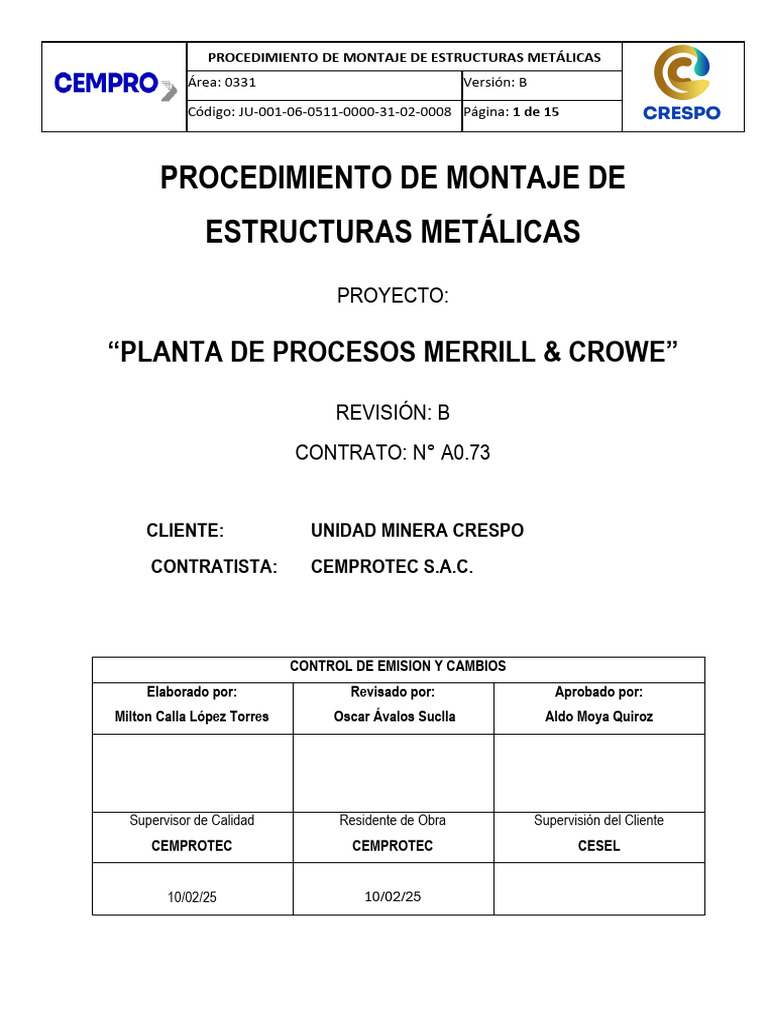 Procedimiento de Montaje de Estructuras Metalicas | PDF | Tornillo | Acero