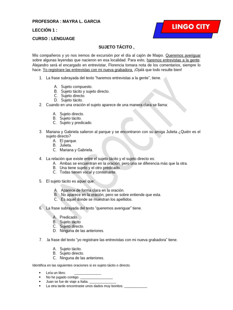 Evaluacion Sujeto Tacito y Sujeto Directo | PDF