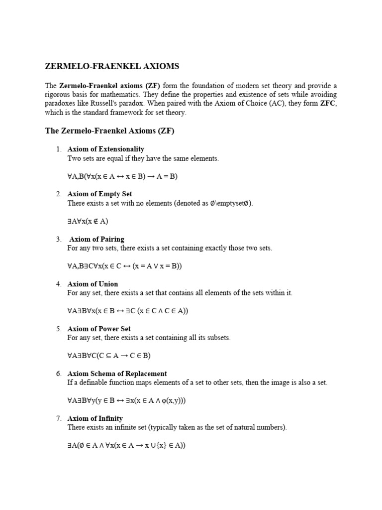 Zermelo-Fraenkel Axioms Explained | PDF
