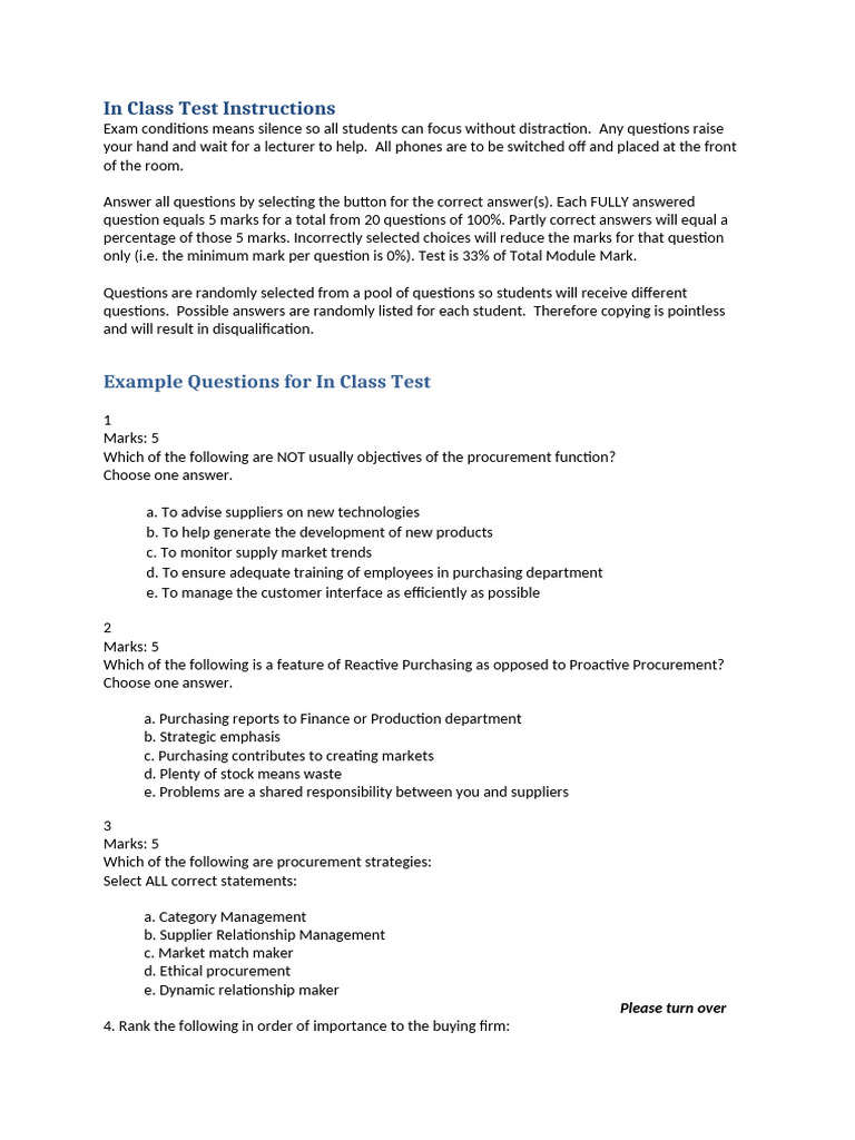 In-Class Test Instructions and Guidelines | PDF