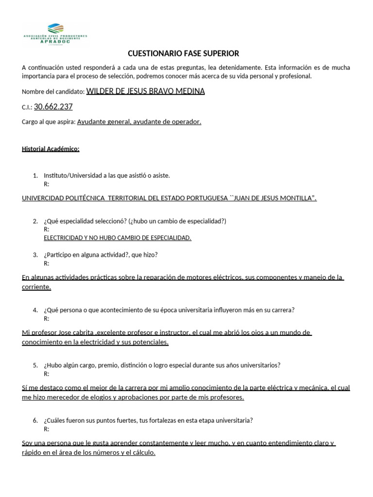 Cuestionario Fase Alta III Apradoc (Wilder de Jesus Bravo Medina) | PDF