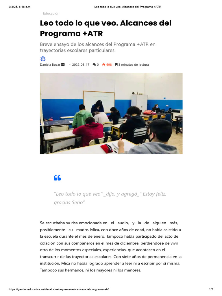 Leo Todo Lo Que Veo. Alcances Del Programa +ATR | PDF | Escuelas