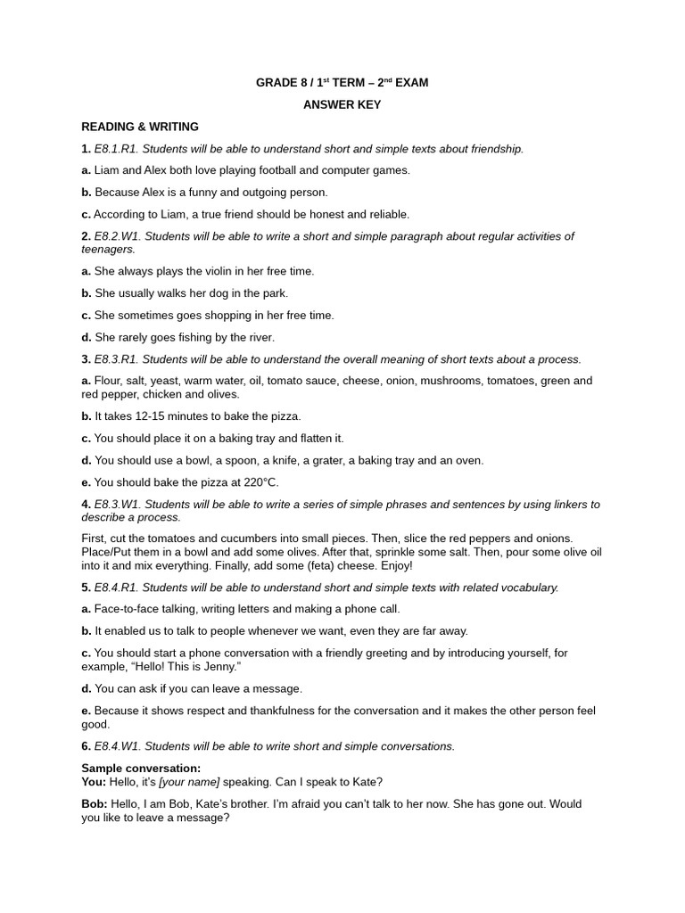 Grade 8 1st Term Exam Answer Key | PDF | Pizza | Foods