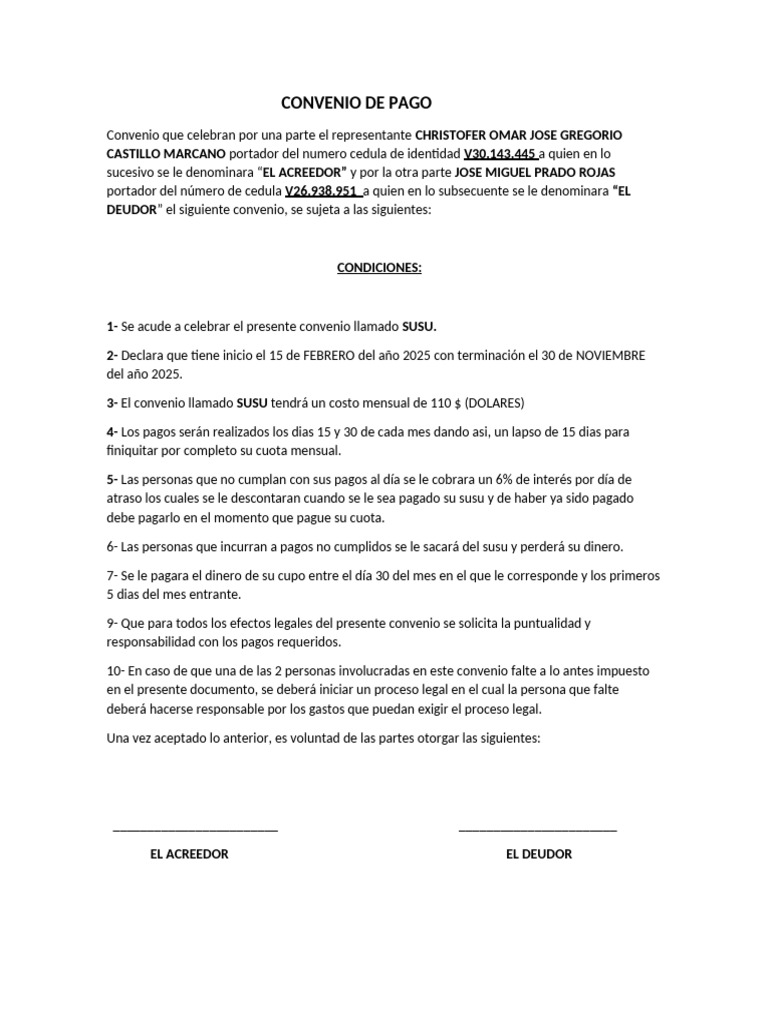 Convenio de Pago Jose Prado | PDF