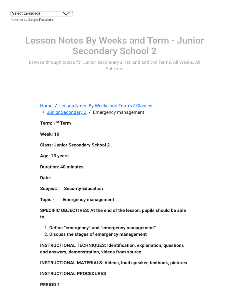 v2 - Junior Secondary School 2 - Lesson Notes For Jun | PDF | Emergency ...