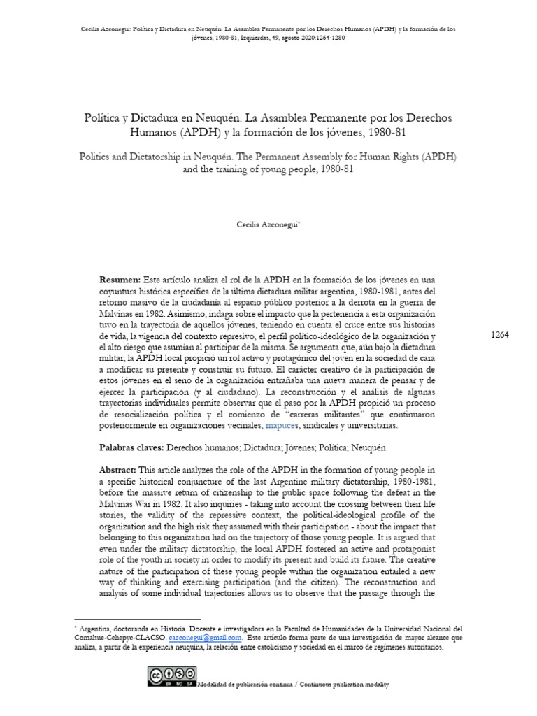 Pol Tica y Dictadura en Neuqu N La Asamblea Permanente Por Los Derechos Humanos Apdh y La ...
