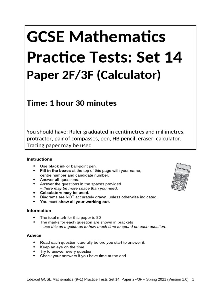 Practice Tests Set 14 - Paper 2F/3F - QP - GCSE Maths 1MA1 | PDF
