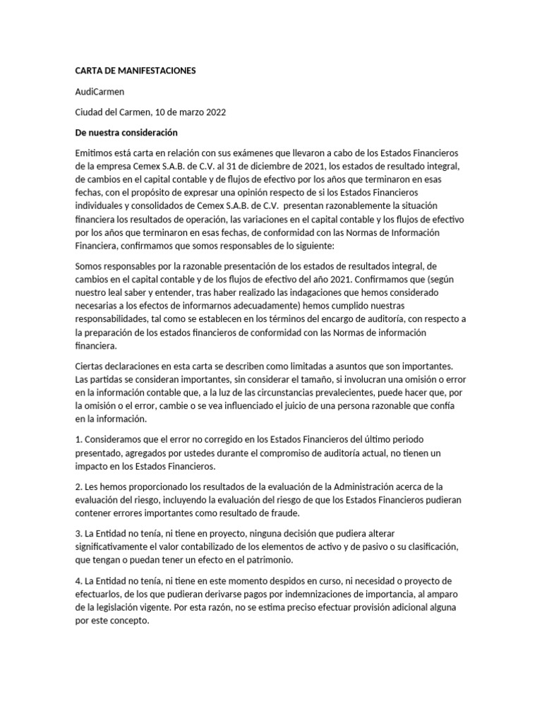 Carta de Manifestacion | PDF | Contabilidad | Estado financiero