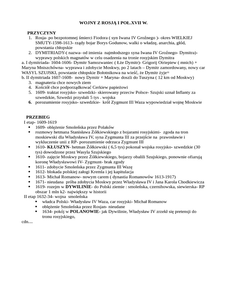 D. Wojny Polsko Rosyjskie I Poł. XVII W | PDF