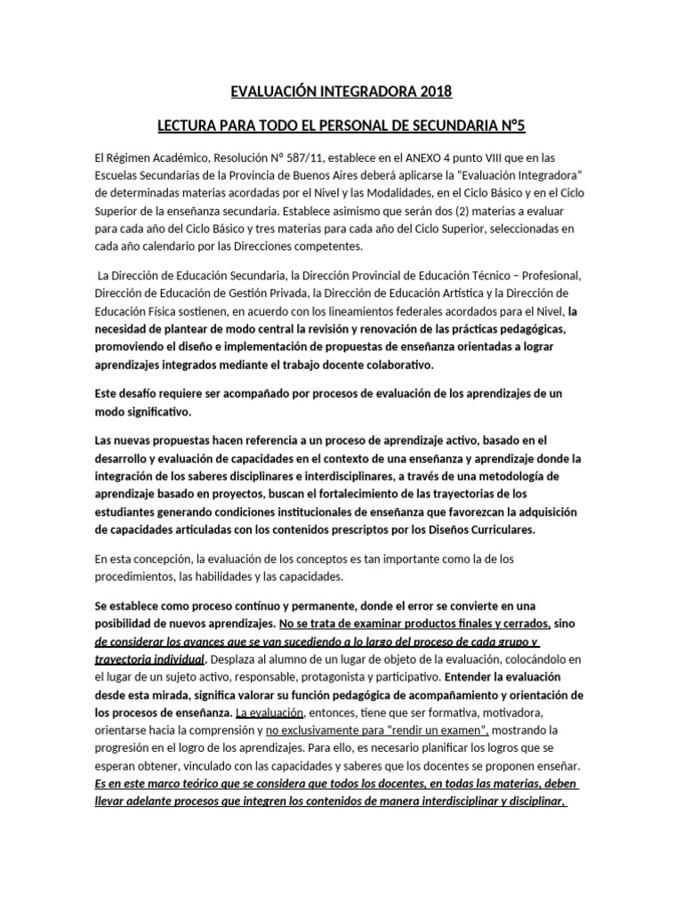 Evaluación Integradora 2018 | PDF | Enseñando | Evaluación