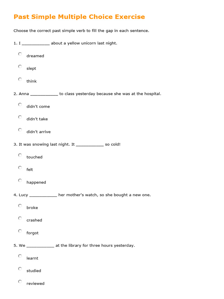 Past Simple Multiple Choice Exercise | PDF