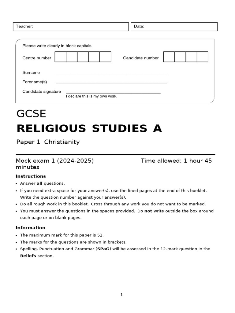 AQA Style GCSE Christianity Mock Exam Paper 1 Aperio 2024 | PDF ...