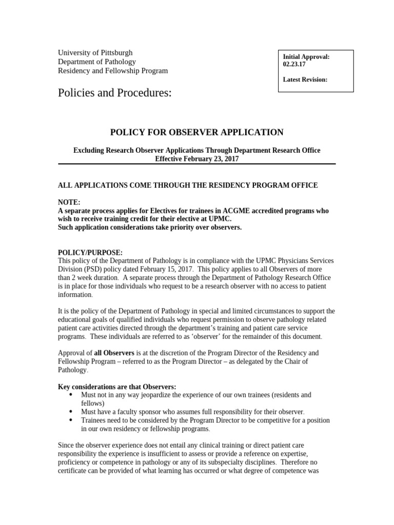 Observer Application Policy for Pathology | PDF | Residency (Medicine ...
