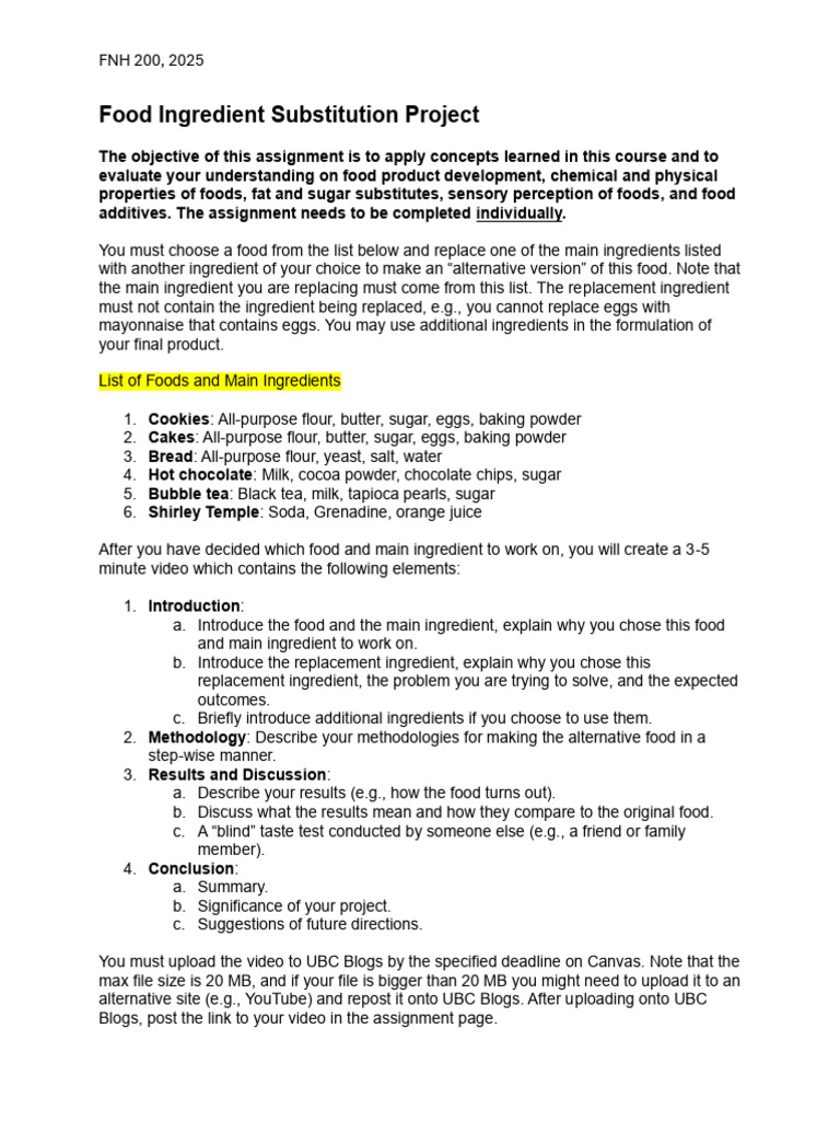 FNH 200 Assignment 1 Instructions | PDF | Chocolate | Baking Powder