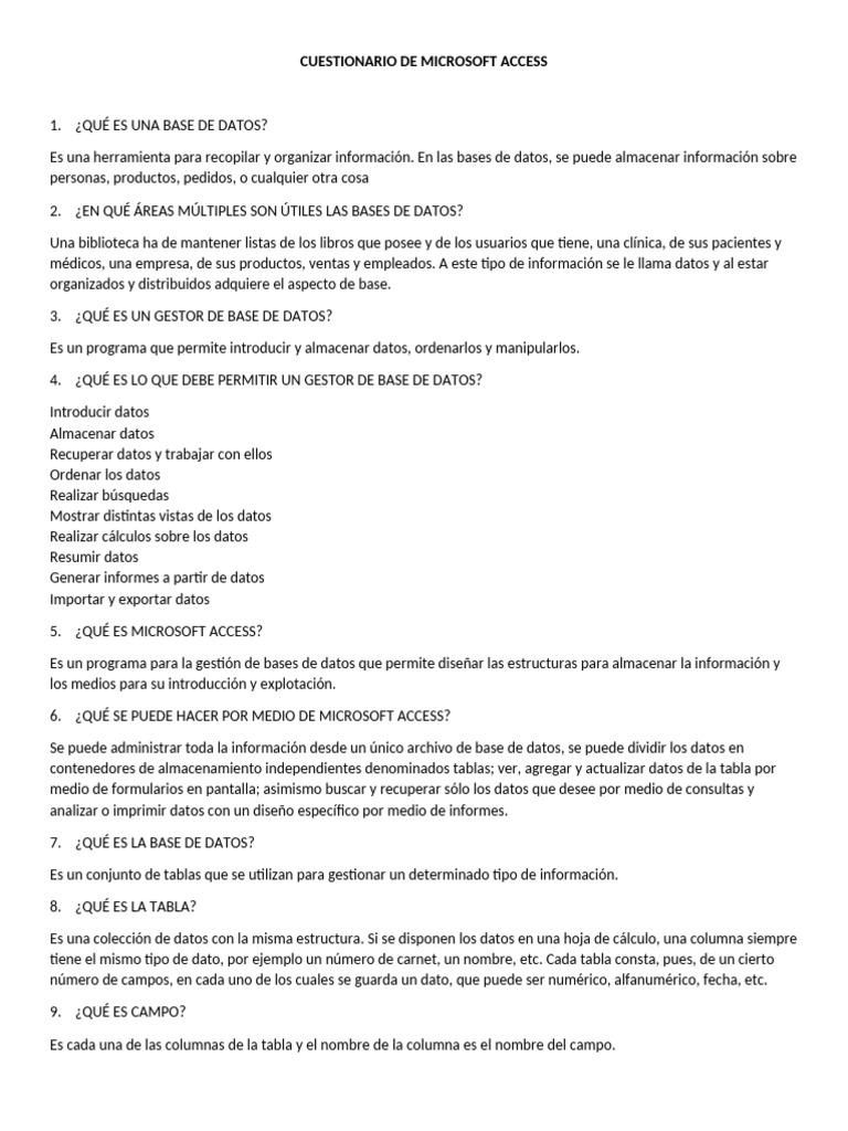Cuestionario de Microsoft Access | PDF | Bases de datos | Datos