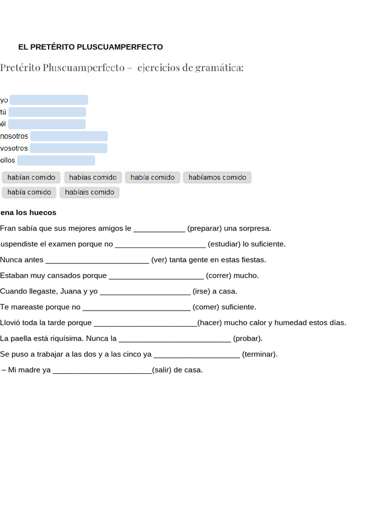 El Pretérito Pluscuamperfecto | PDF