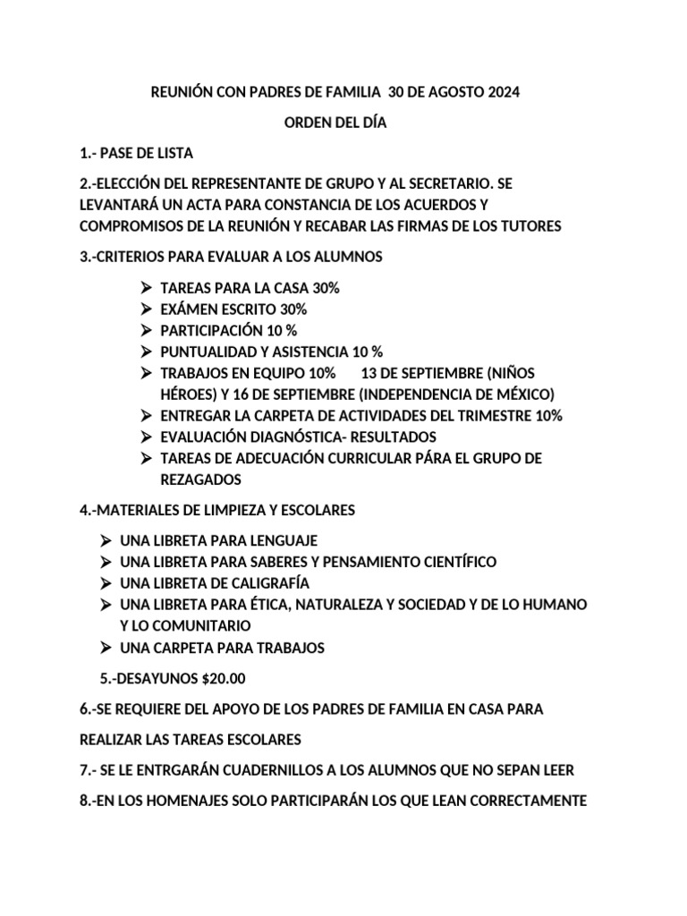 Reunión de Padres: Agenda y Acuerdos | PDF
