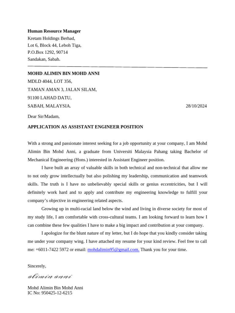 Application for Assistant Engineer Position | PDF