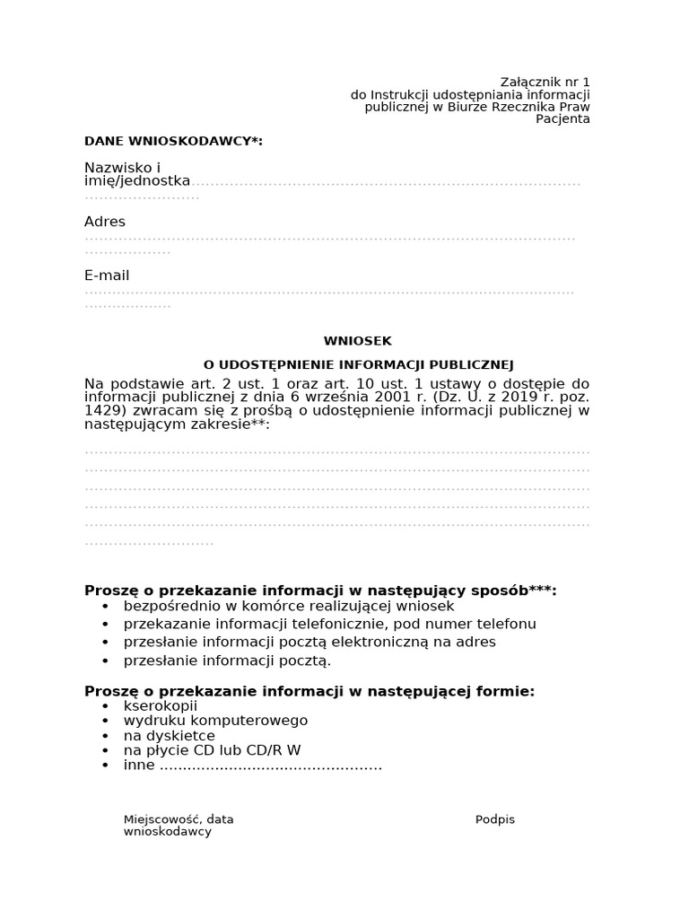 Wzor Wniosku o Udzielenie Informacji Publicznej 2024 | PDF