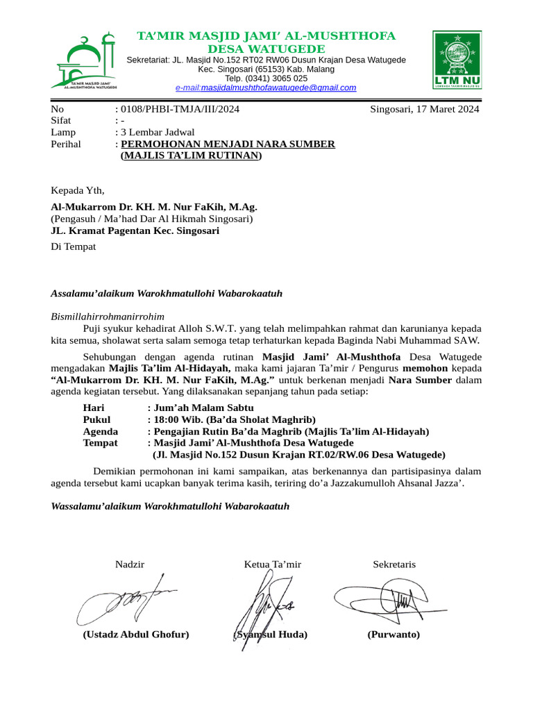 SURAT PERMOHONAN MAJLIS TA'LIM JUM'AH | PDF
