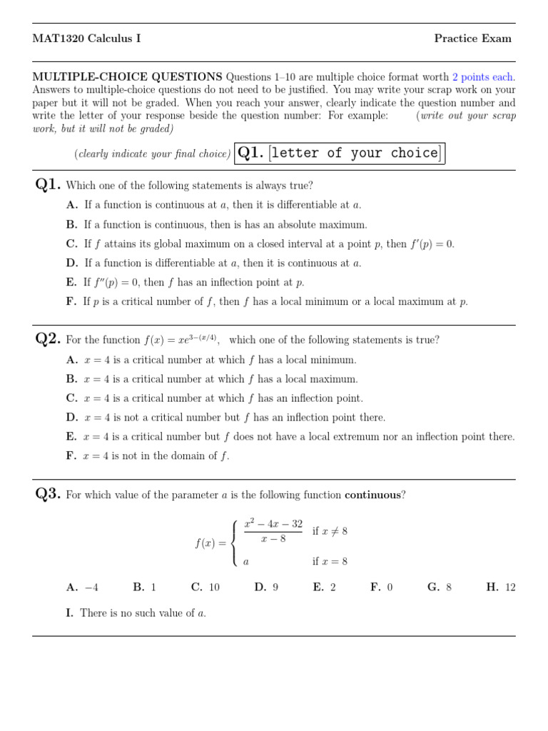 MAT1320-Practice Final Exam | PDF | Multiple Choice | Mathematical Concepts