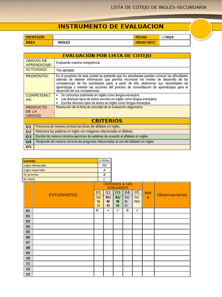 1ºy 2° LISTA DE COTEJO ACTV O -INGLES 2024 | PDF | Evaluación | Aprendizaje