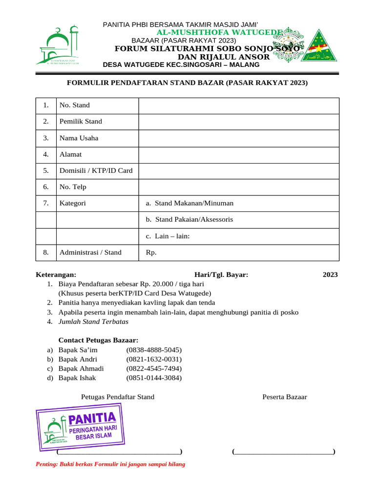 Pendaftaran Stand Bazaar Watugede 2023 | PDF