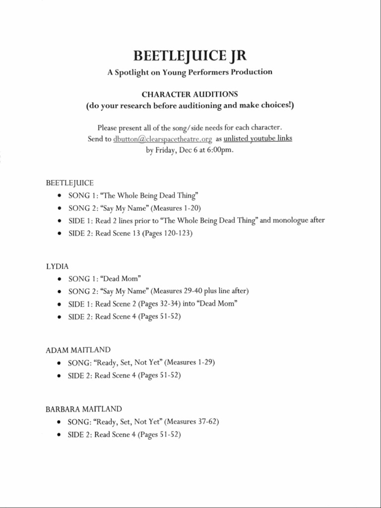 BEETLEJUICE JR Character Auditions | PDF | Musicals | Broadway Musicals