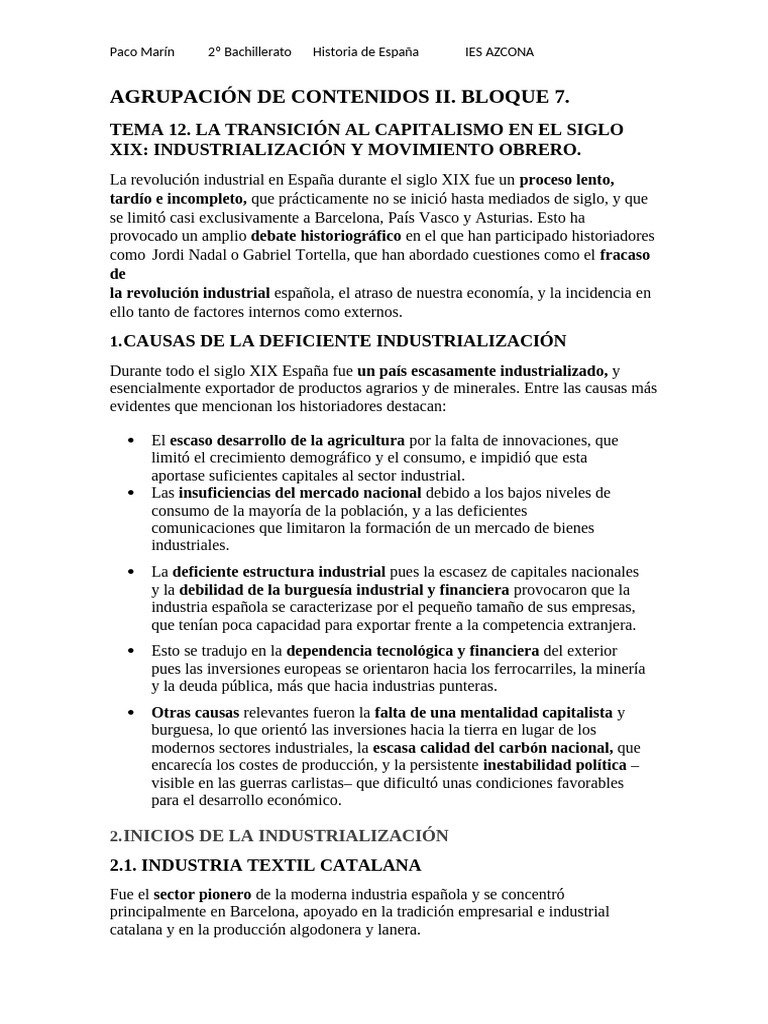 Tema 12. La transici-n al capitalismo en el siglo XIX- industrializaci-n y movimiento obrero ...