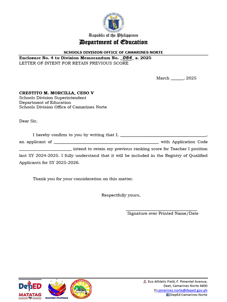 LETTER OF INTENT FOR RETAIN PREVIOUS SCORE | PDF