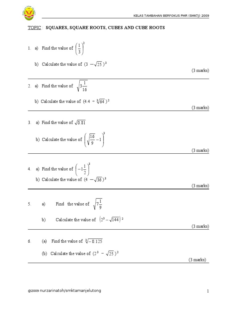 PMR Math Practice: Roots & Powers | PDF | Teaching Methods & Materials ...