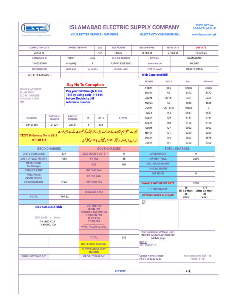 IESCO Electricity Bill Summary | PDF | Taxes | Value Added Tax