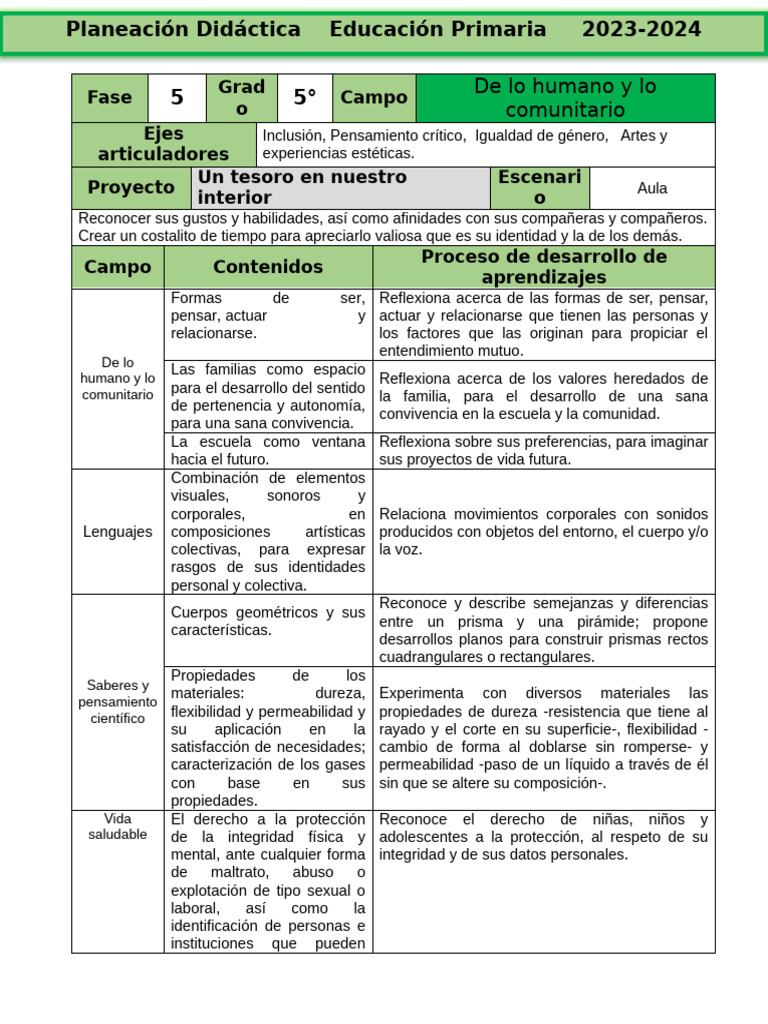 5to Grado Septiembre - 01 Un Tesoro en Nuestro Interior (2023-2024) | PDF