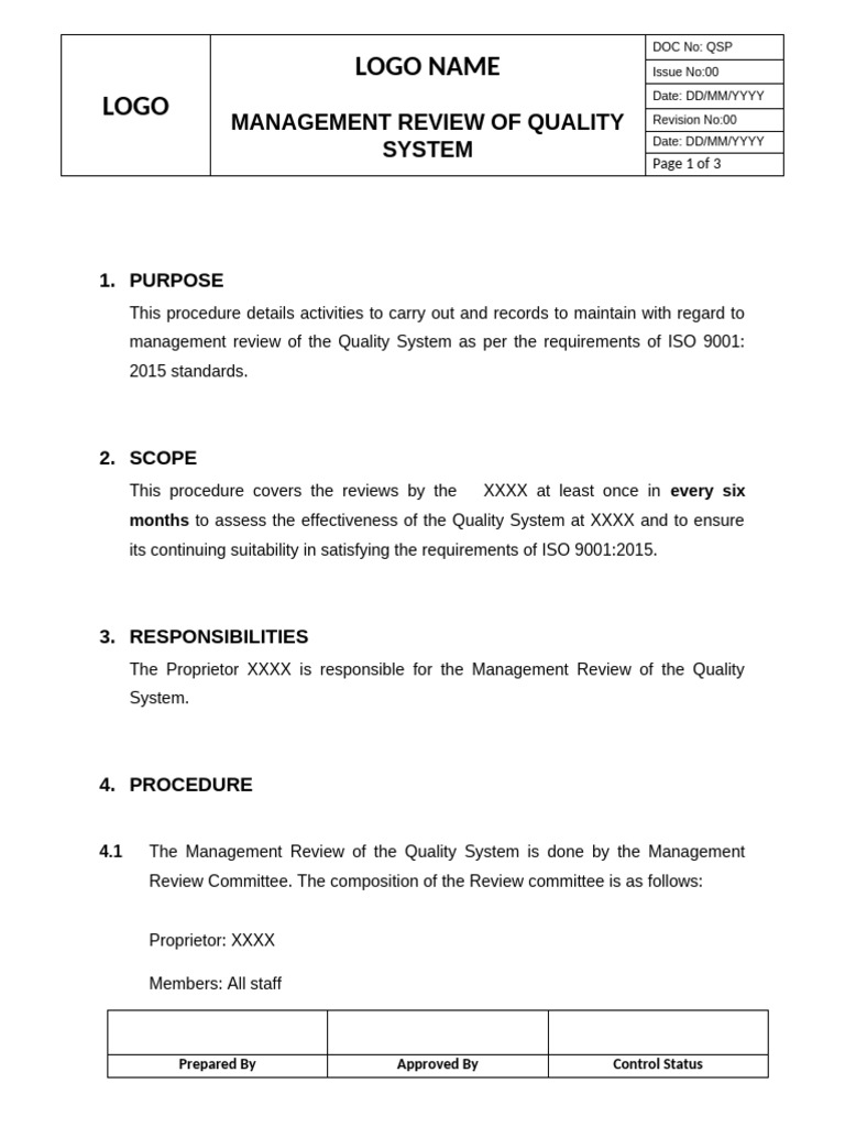 QSP-01 Management Review of Quality System | PDF | Quality Management ...