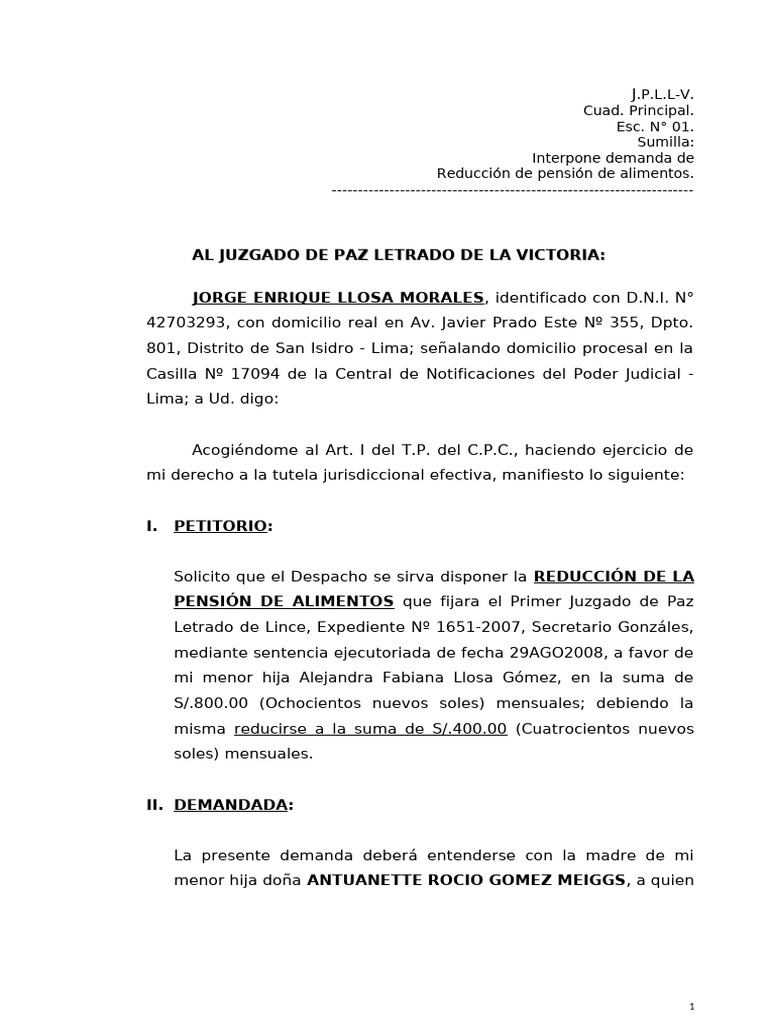 01 Demanda Reducción de Alimentos - 2 | PDF | Pensión alimenticia | Demanda judicial