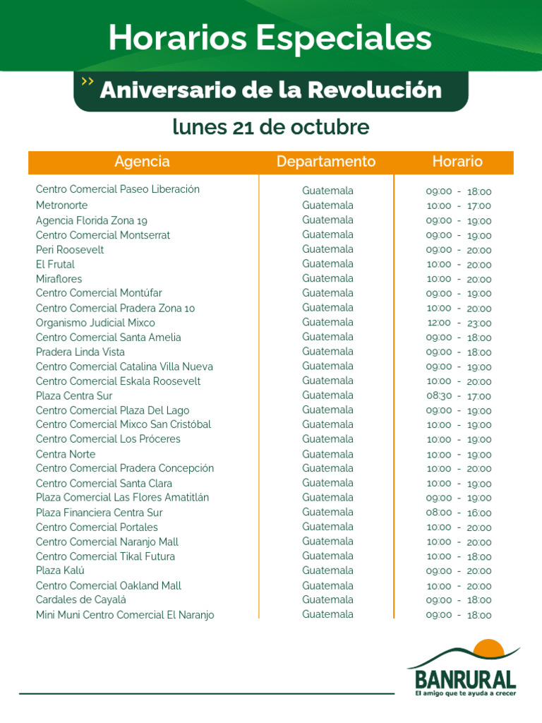 Horarios Especiales Banrural 21 de octubre | PDF