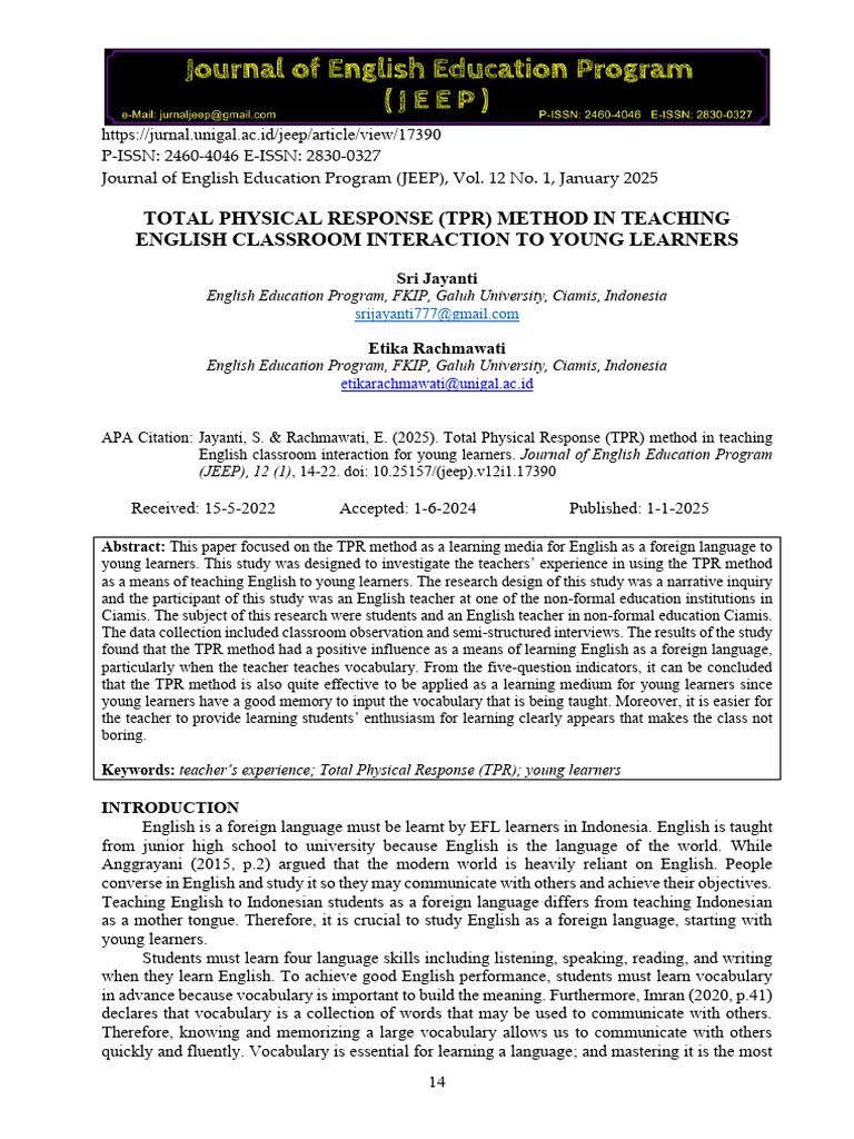 Total Physical Response TPR Method in Teaching Eng | PDF | Teachers ...
