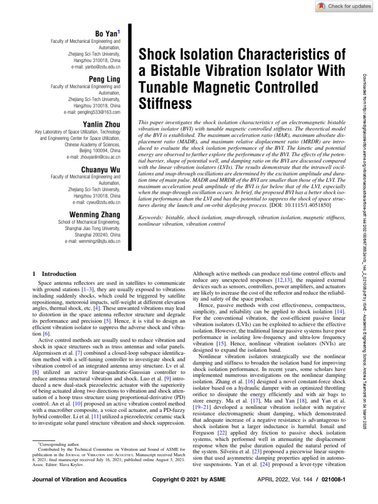Shock Isolation Characteristics of A Bistable Vibration Isolator ...