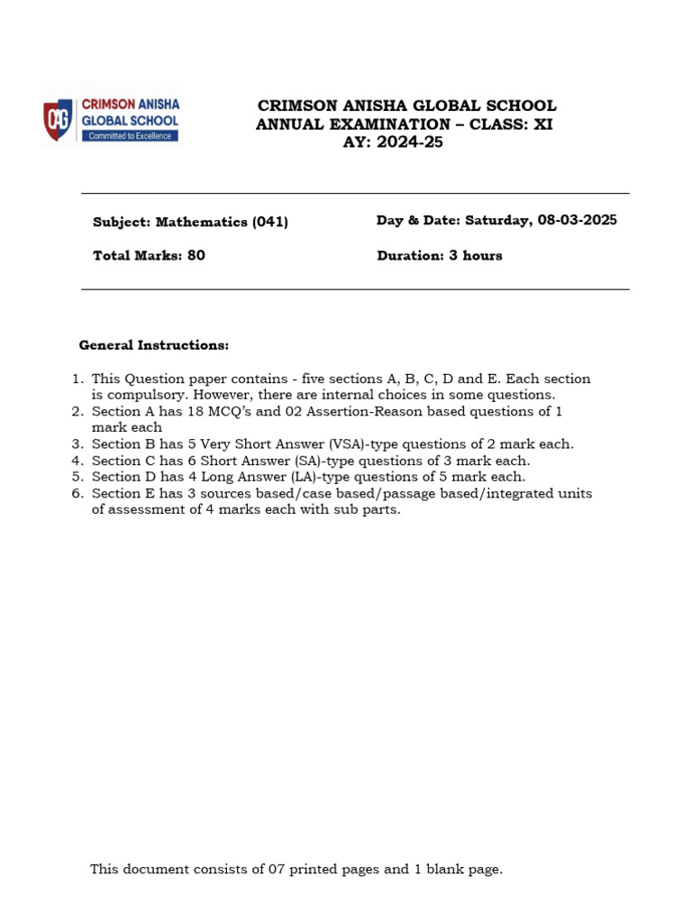 Ae G11 Mathematics QP 08 03 2025 | PDF | Mathematical Objects | Mathematical Analysis