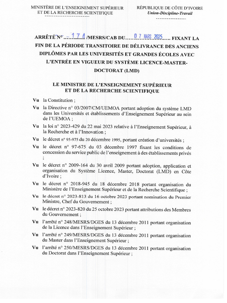 Arrêté Suppression Des Anciens Diplômes - Mars 2025 - Avec Signature | PDF