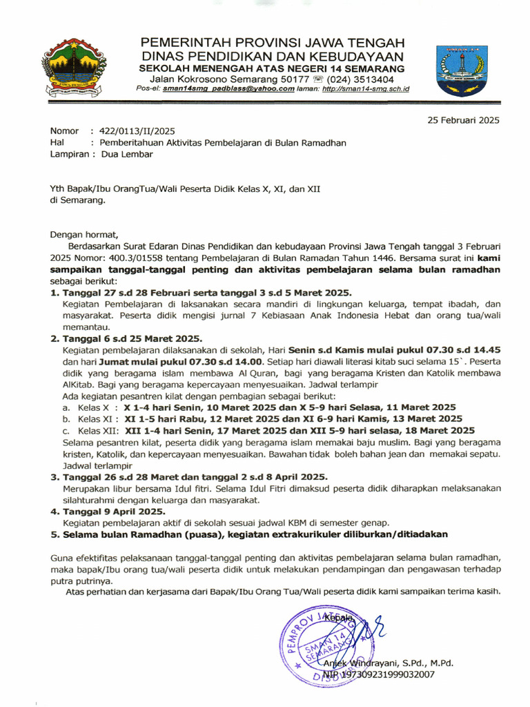 Surat Pemberitahuan Aktivitas Kegiatan Di Bulan Ramadhan | PDF