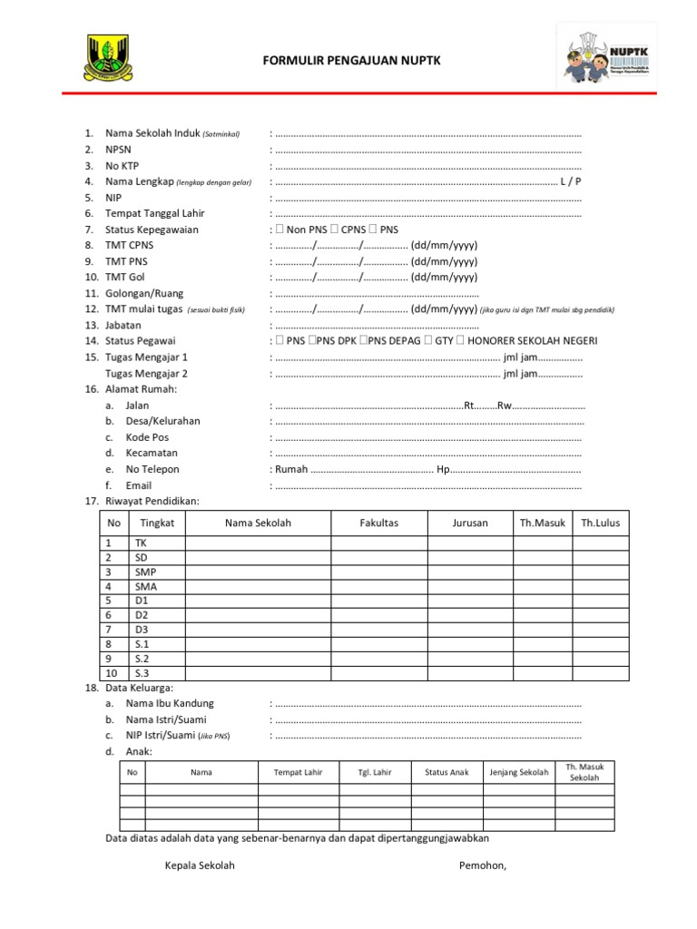 Formulir Pengajuan Nuptk | PDF