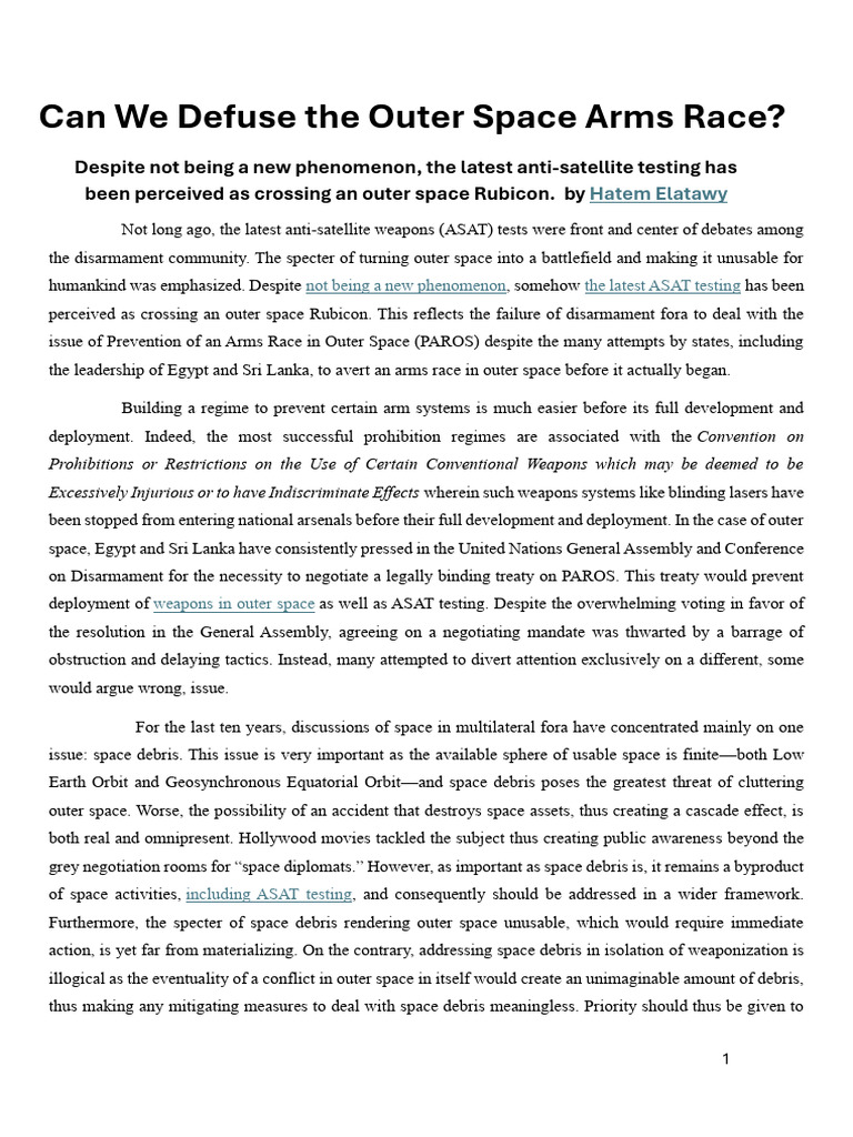Can We Defuse The Outer Space Arms Race - Student's Version | PDF ...