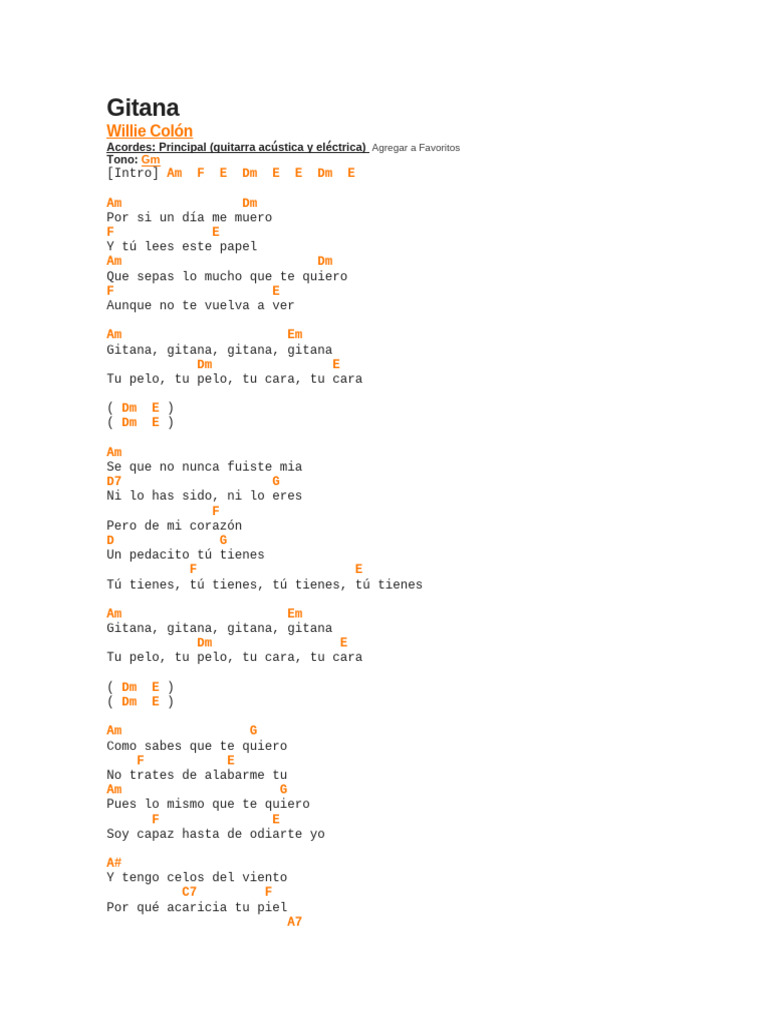 Acordes de "Gitana" de Willie Colón | PDF