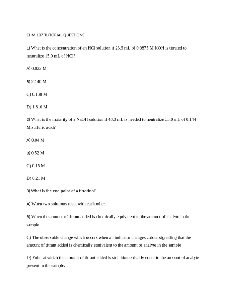 CHM 107 Tutorial Questions 1 | PDF | Ph | Titration