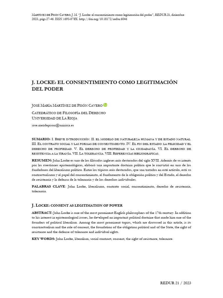 Consentimiento y Poder en J. Locke | PDF | La Ley natural | John Locke