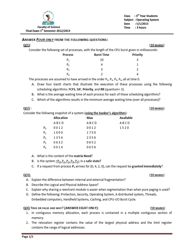 Operating System Exam Questions and Answers | PDF | Operating System ...