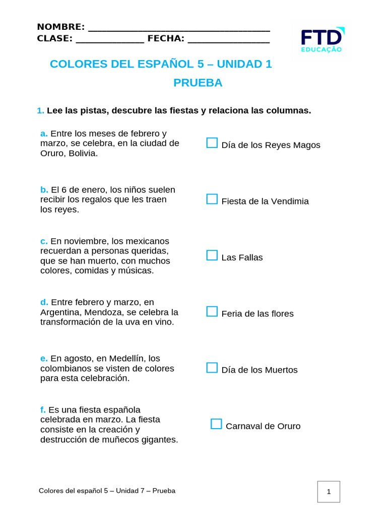 Colores Del Español 5 - Unidad 1 Prueba: Lee Las Pistas, Descubre Las ...