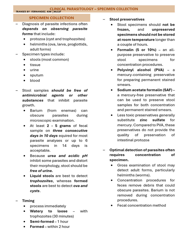 Clinical Parasitology Specimen Guide | PDF | Human Feces | Diarrhea