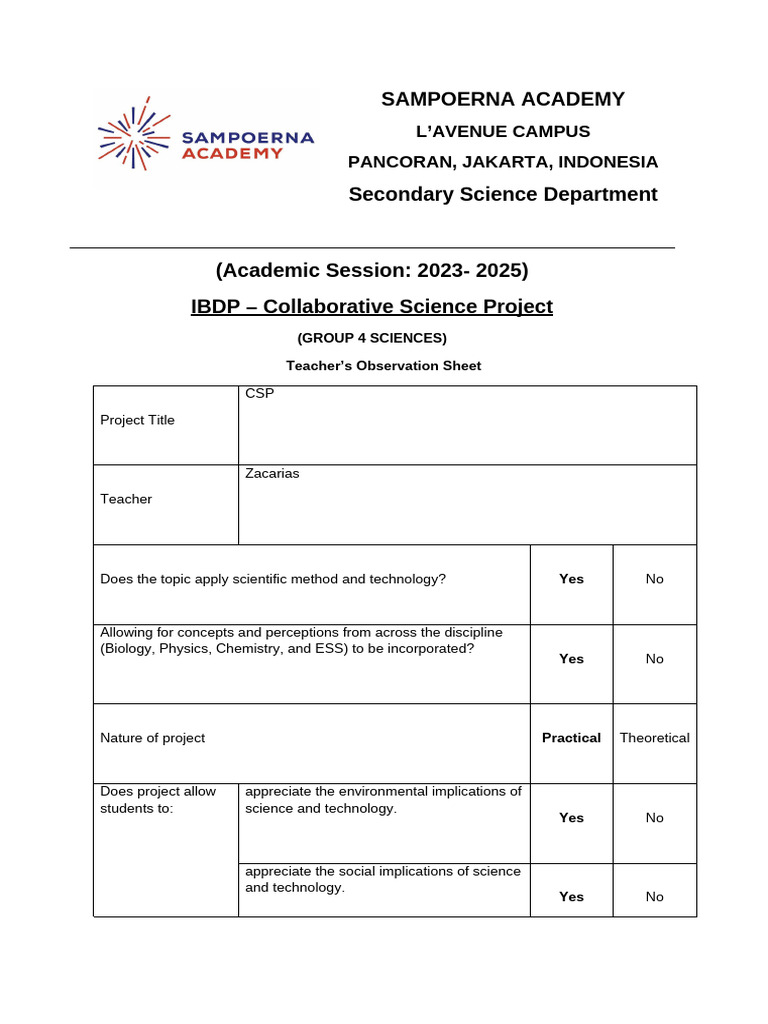 CSProject - Teacher Observation Sheet | PDF | Science | Academic ...